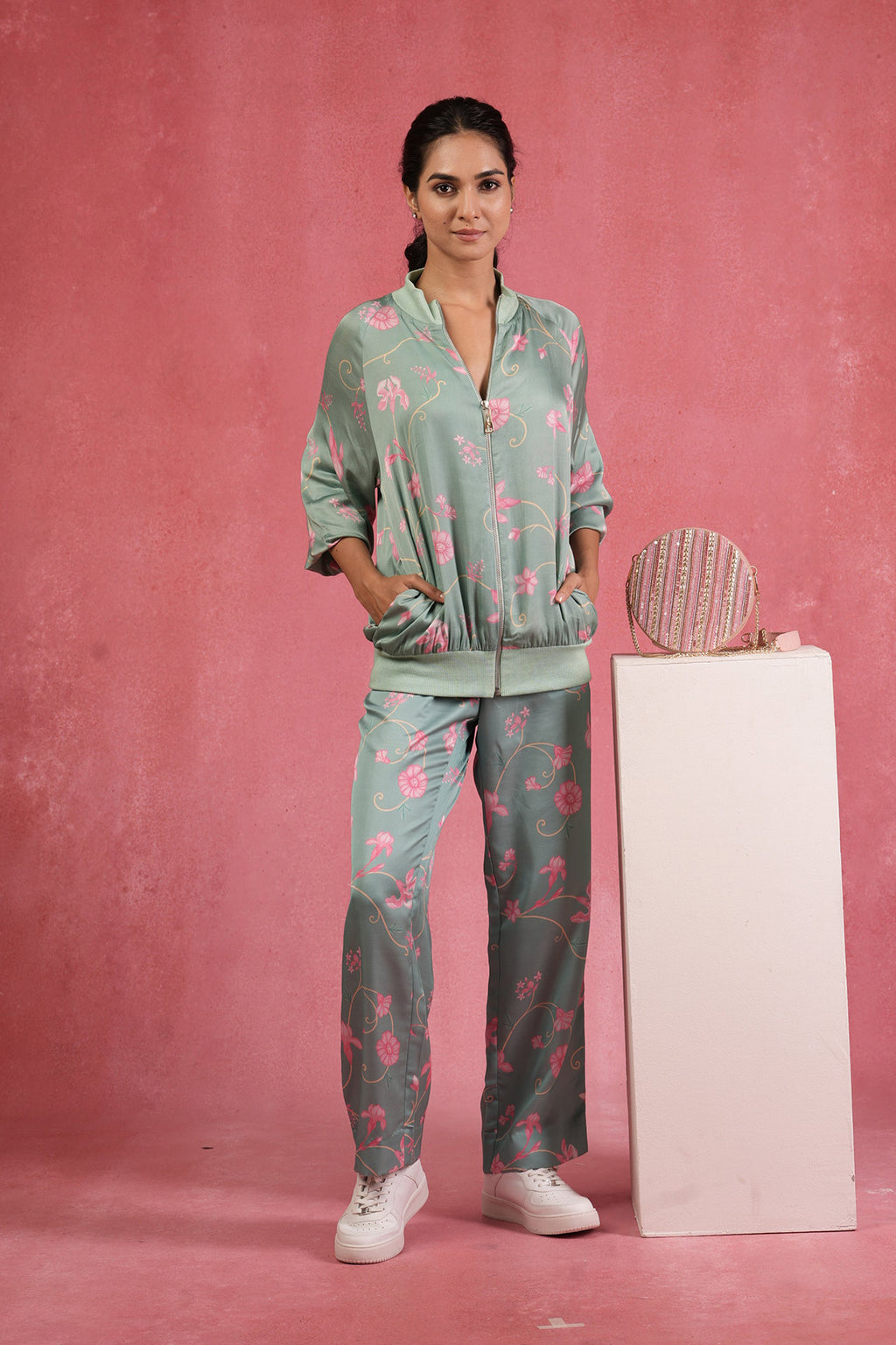 Flora Sea green Co-Ord Set (Bomber Jacket) – SANDHYA SHAH FASHION LLP